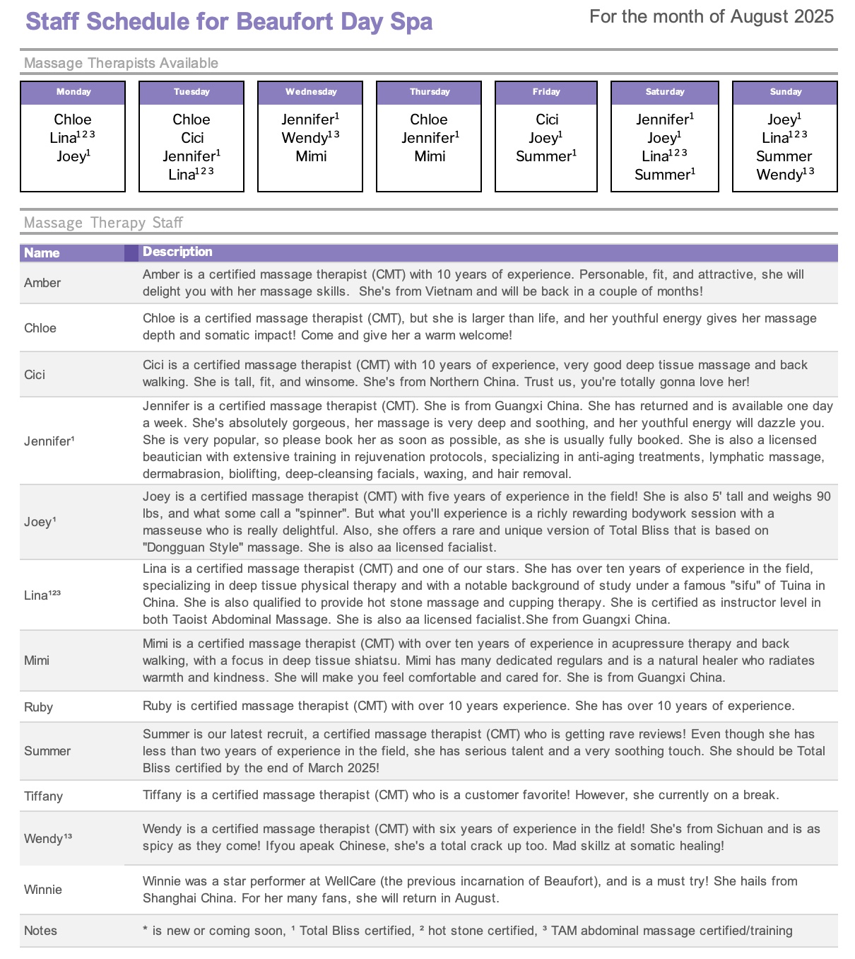 Schedule - Beaufort Day Spa